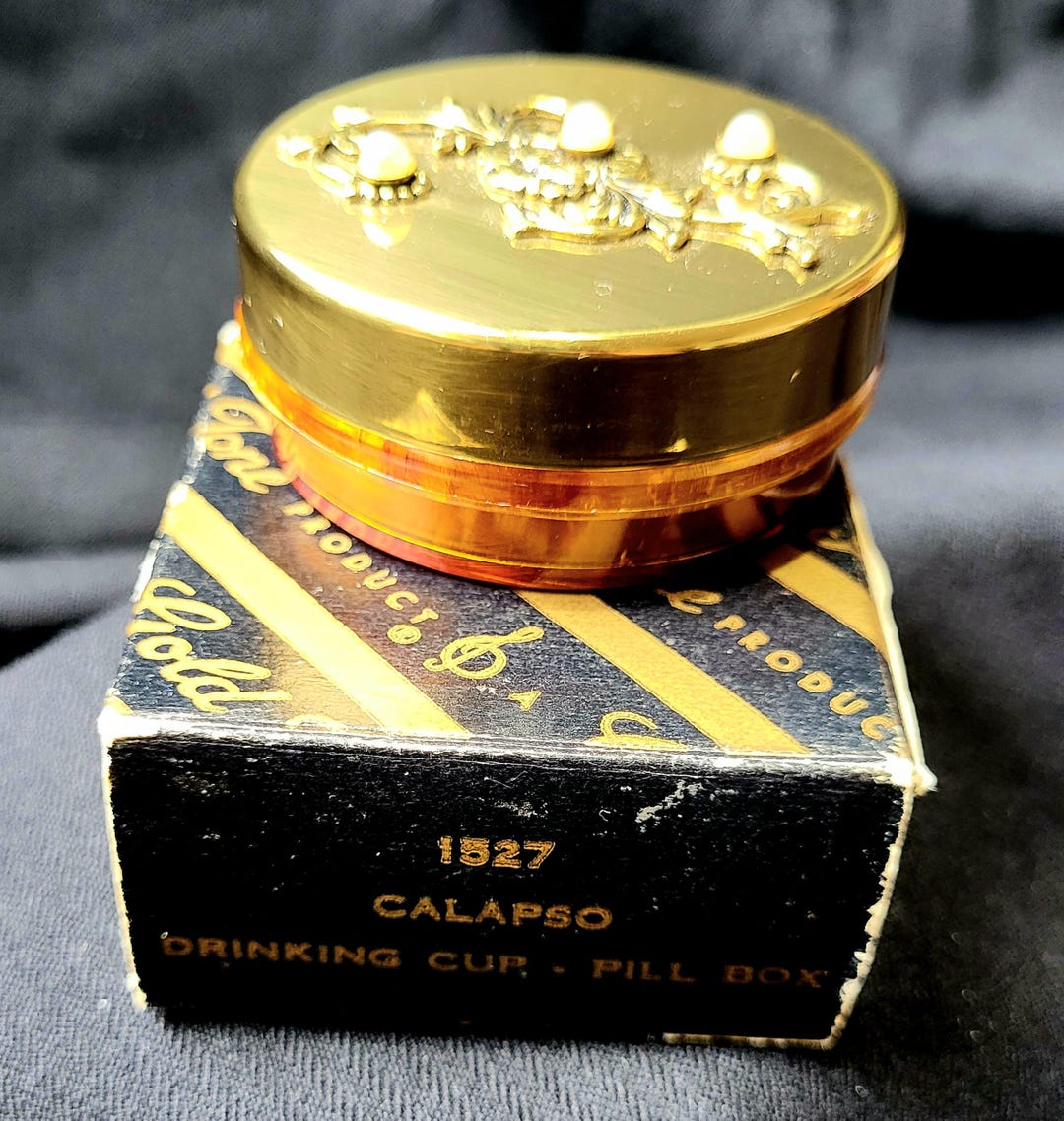 Vintage 1950s Amber Bakelite or Lucite Collapsible Cup and Pill Box by ...