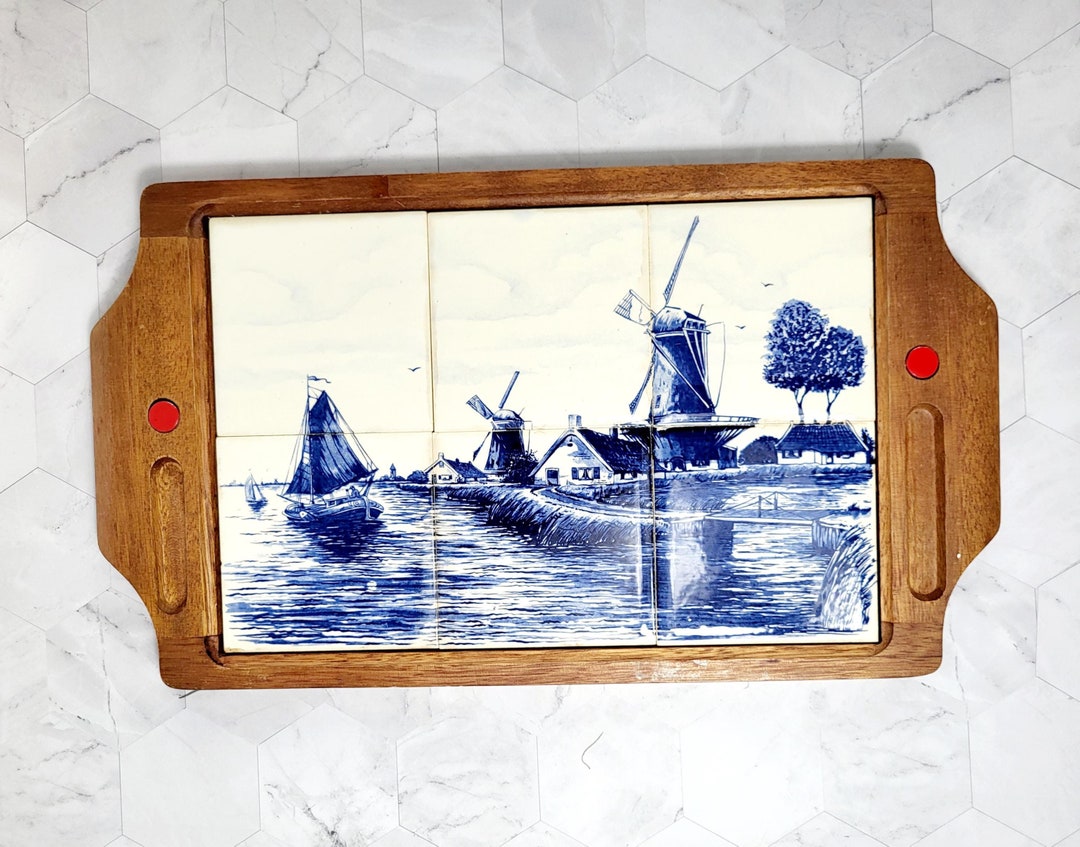 Vintage Wood Breakfast Tray With 6 Delft Porcelain Tiles, Dutch ...