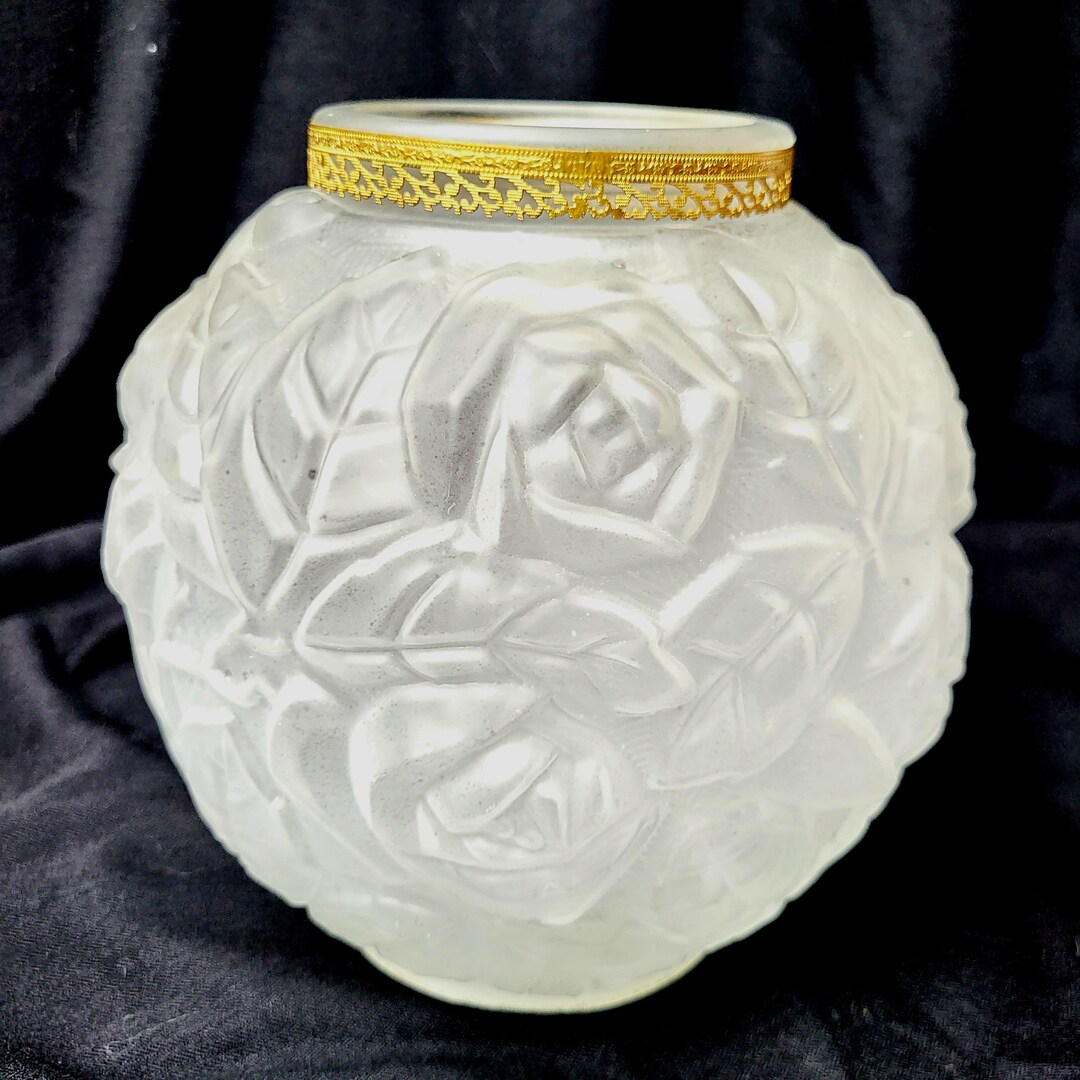 1920s Czech Barolac Rose Vase: Josef Inwald Frosted Glass, Gilded Rim ...
