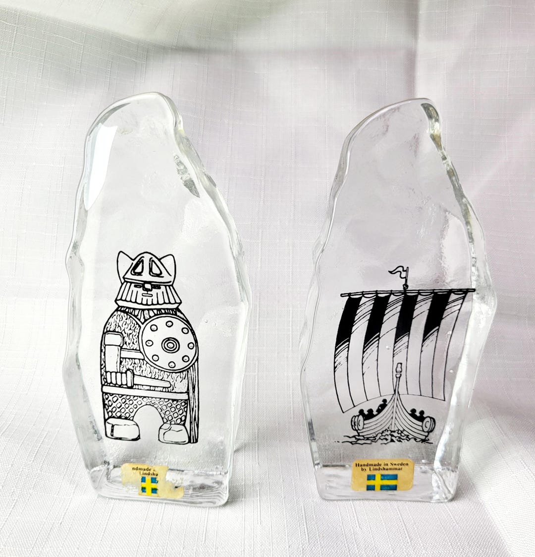 Lot 2 Swedish Glass Paperweights Viking and Boat Crystal Ornaments by ...