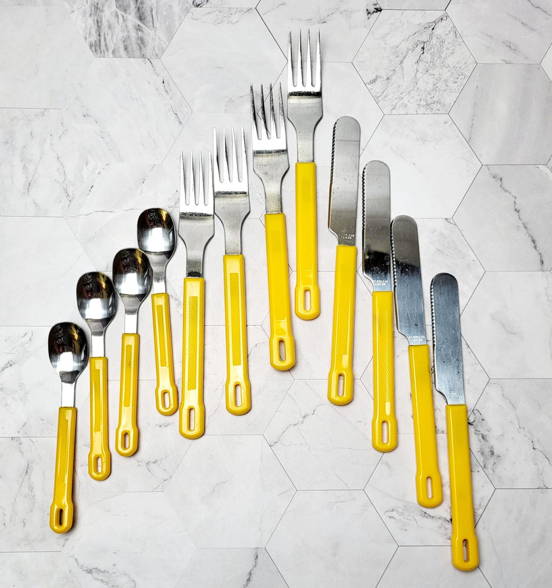 Lot 12 Vintage Yellow Plastic Handle Stainless Steel Cutlery Set, MCM ...