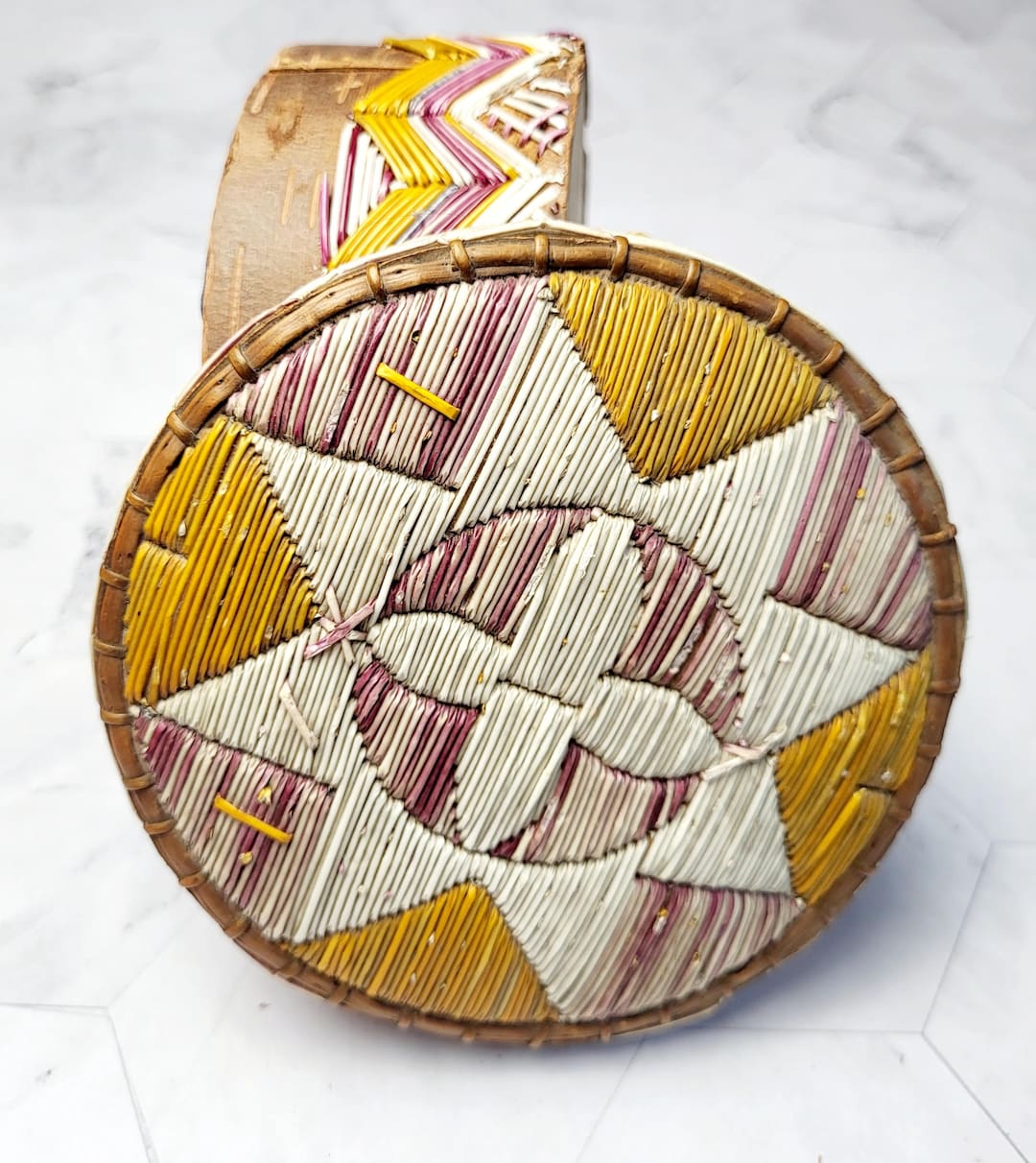 Antique Micmac Birch Bark Box With Porcupine Quills, Eight-point Star ...