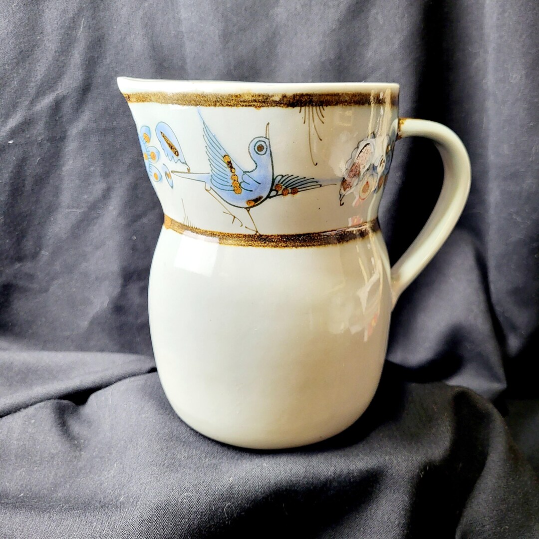 Large Mexican Pottery Stoneware Pitcher - Feather & Bird Motifs, Signed ...