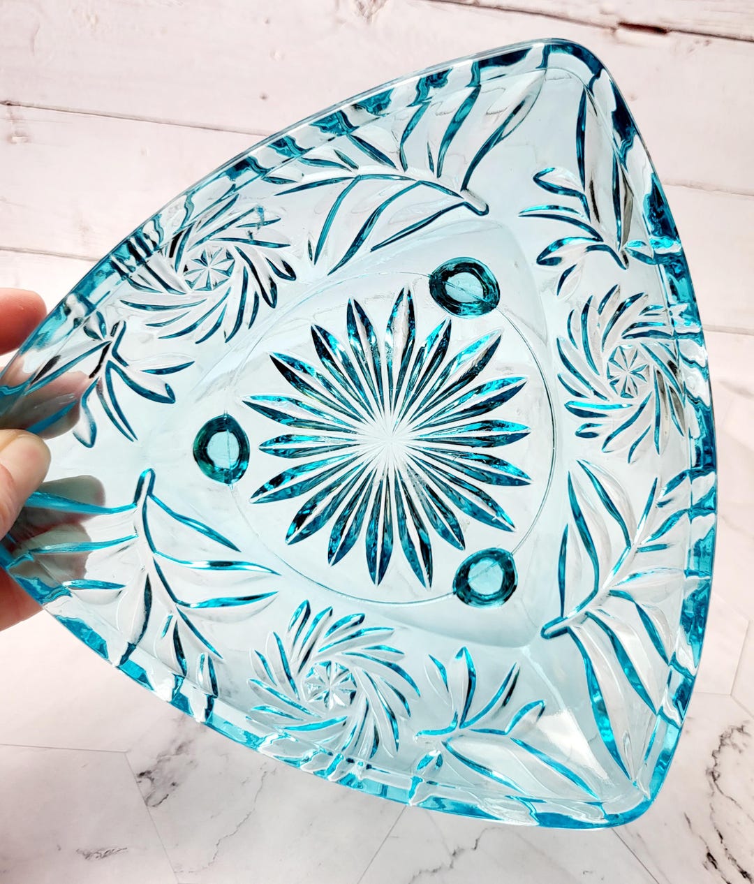 Vintage Hazel Atlas Aqua Blue Starburst Pattern Glass Triangular Dish ...