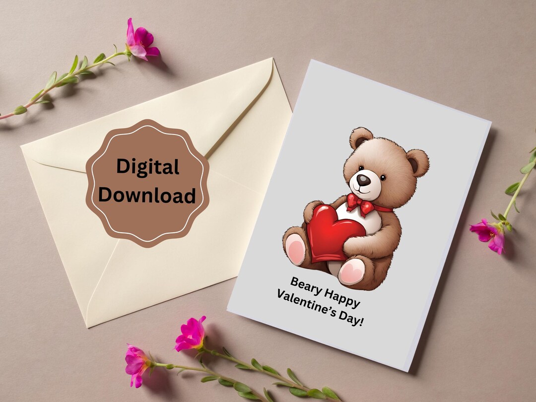 Teddy Bear Valentine's Day Card: 'beary Happy' Design (digital 5x7 Card ...