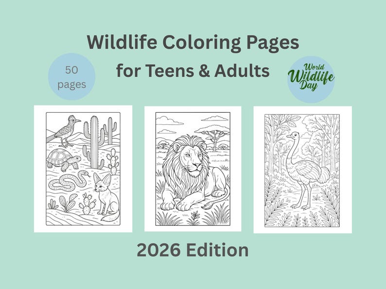 Wildlife Coloring Book, 50 Wild Animal Designs, Relaxing Nature Art ...
