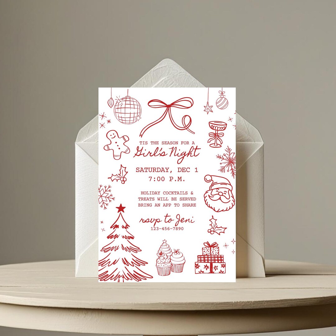 Girls Night Christmas Party Invitation, Friendsmas Hand Drawn Doodle ...