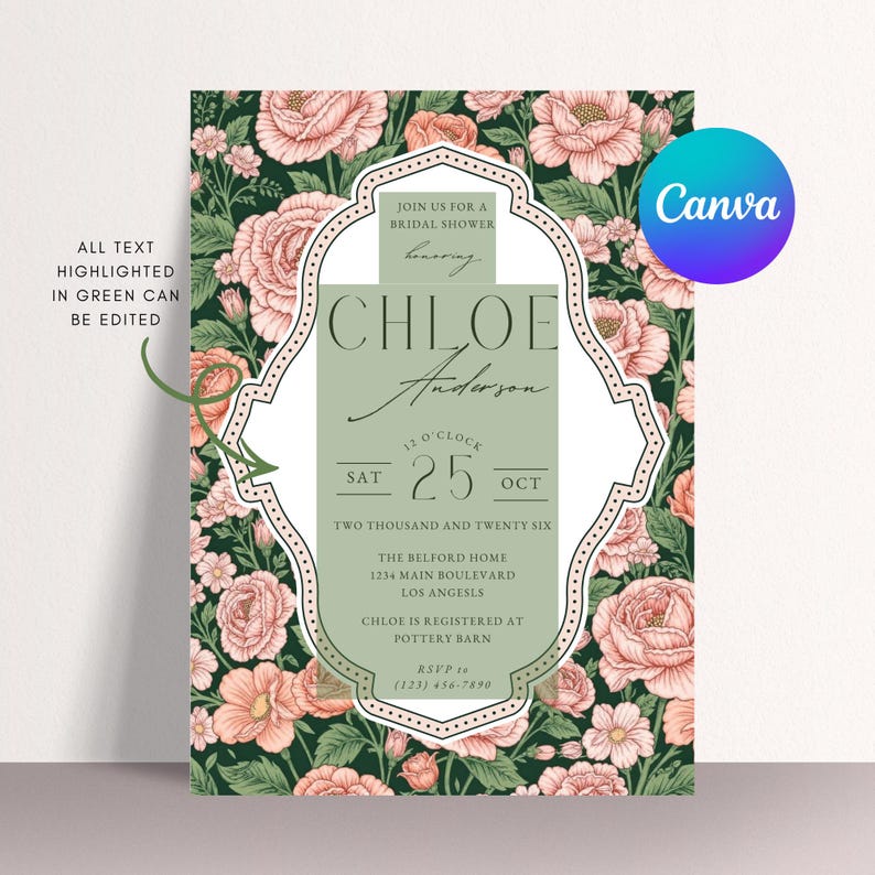 Victorian Bridal Shower Invite, Baby Shower Floral Printable Invitation ...