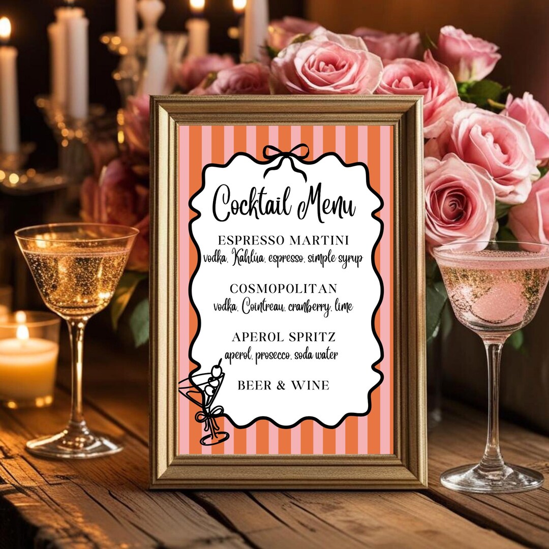 Coquette Cocktail Menu Sign, Modern Bar, Birthday Party Decor (editable ...
