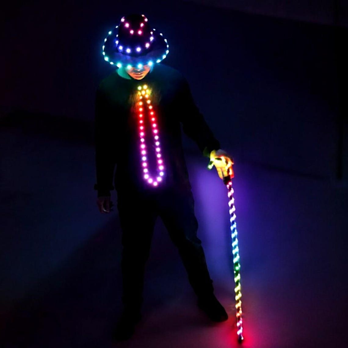 LED Light up Hat and Tie Set With Cane Rave Outfit Festival Costume ...