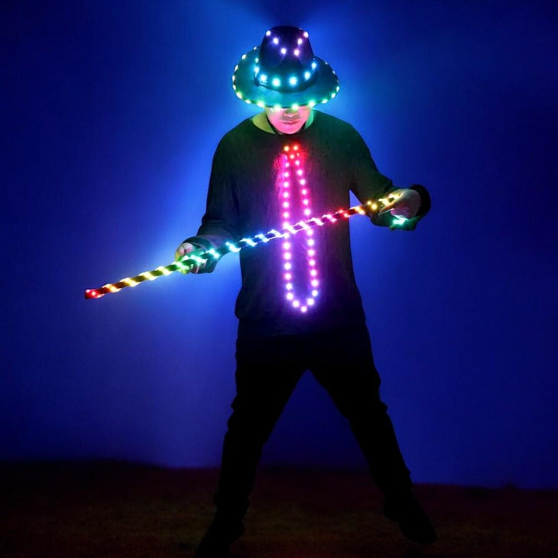 LED Light up Hat and Tie Set With Cane Rave Outfit Festival Costume ...