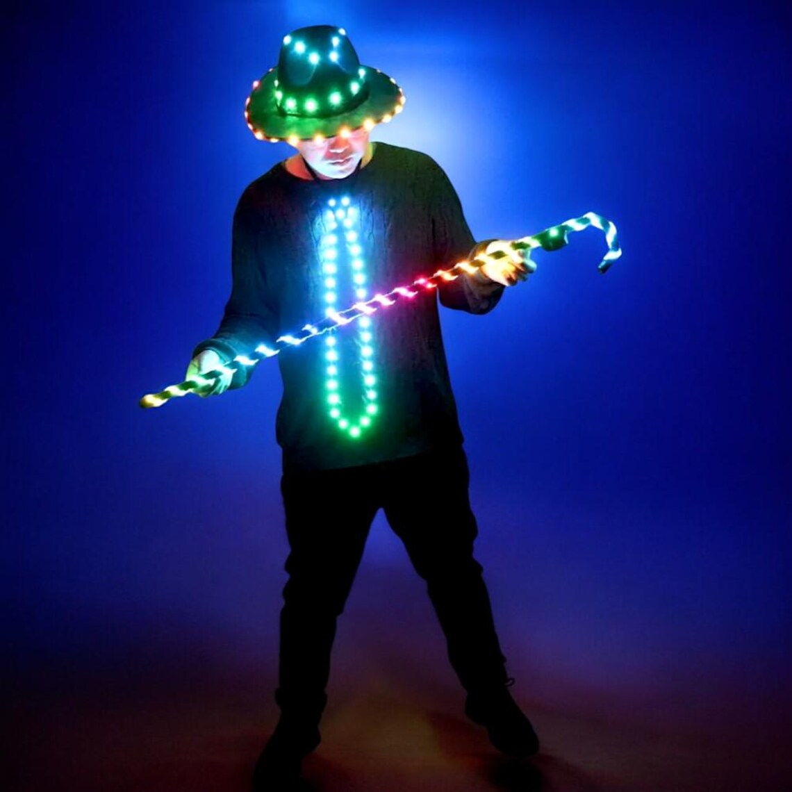 LED Light up Hat and Tie Set With Cane Rave Outfit Festival Costume ...