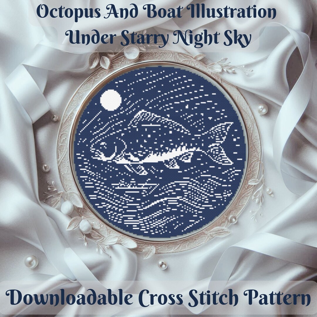 Navy Blue Fish and Boat Cross Stitch Pattern Nighttime Line-art Scene ...
