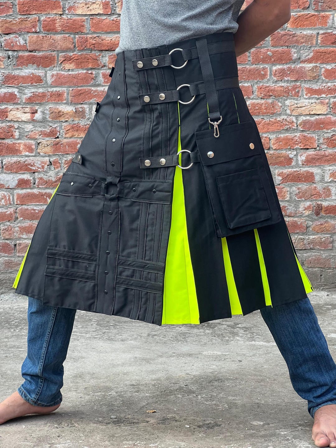 Custom Black Cotton Utility Kilt With Neon Green Pleats and D-rings ...