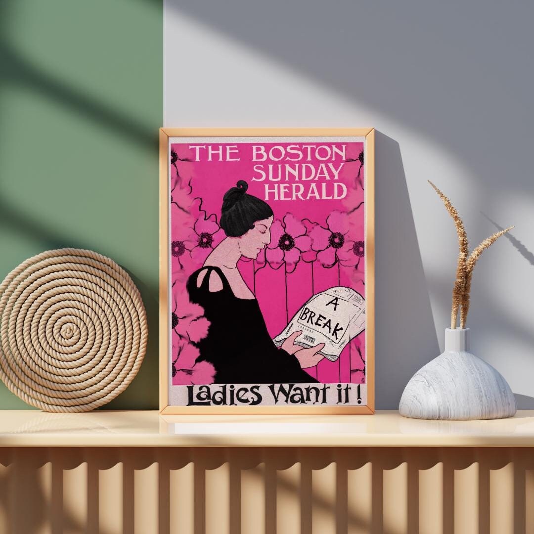 Vintage Newspaper Art Print: Feminist Satire, Pink Gallery Wall ...