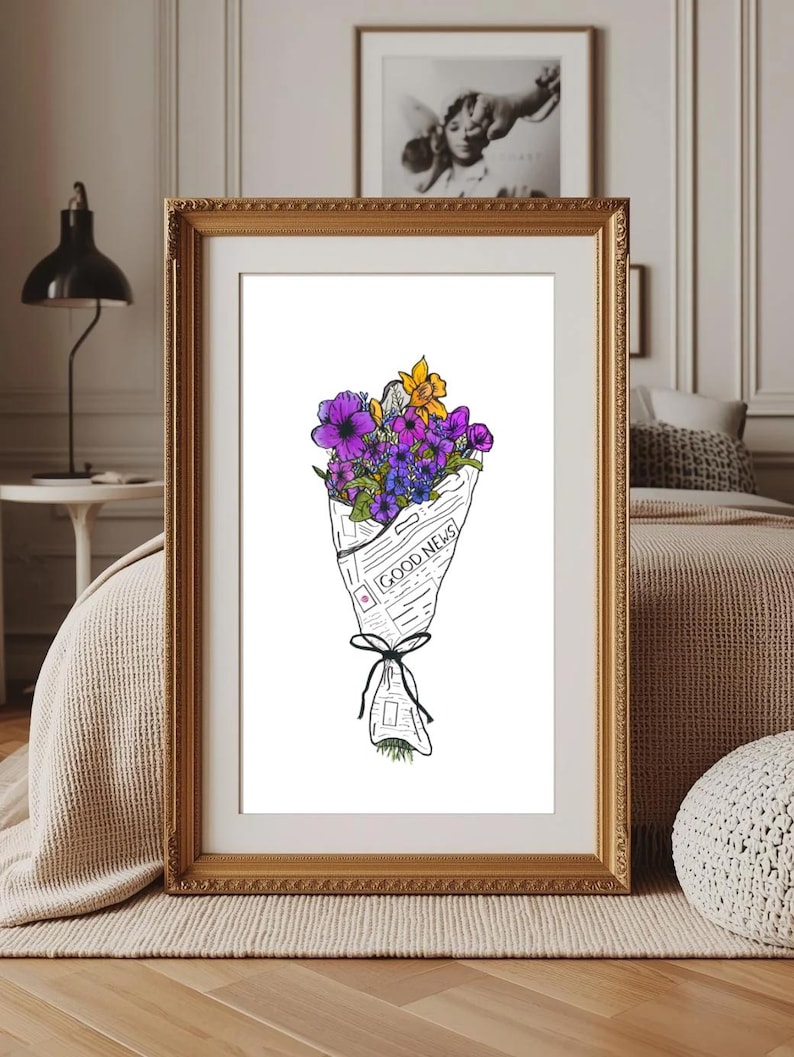 Newspaper Bouquet “good News” Line Art Print: Minimalist Purple Floral ...