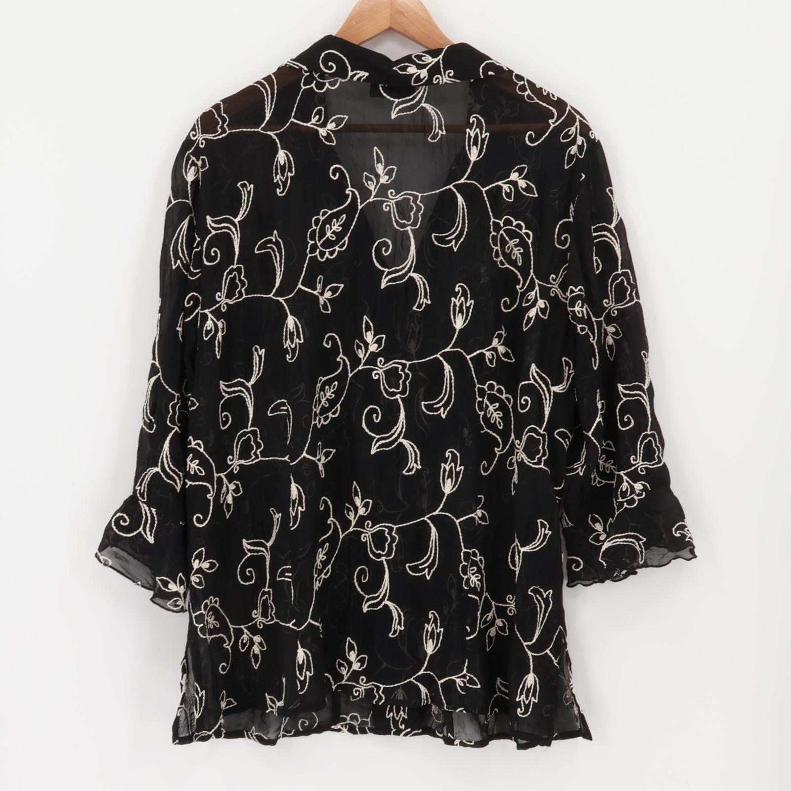 Vtg Black Floral Embroidered Sheer Button Blouse Top Womens Beaded Boho ...