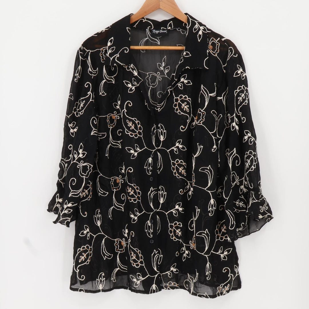 Vtg Black Floral Embroidered Sheer Button Blouse Top Womens Beaded Boho ...