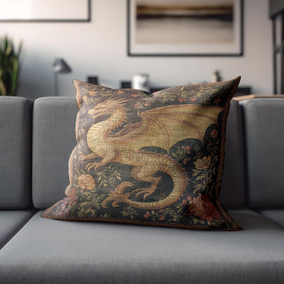 Medieval Style Golden Dragon & Dark Floral Woven Pillow Gothic Fantasy ...