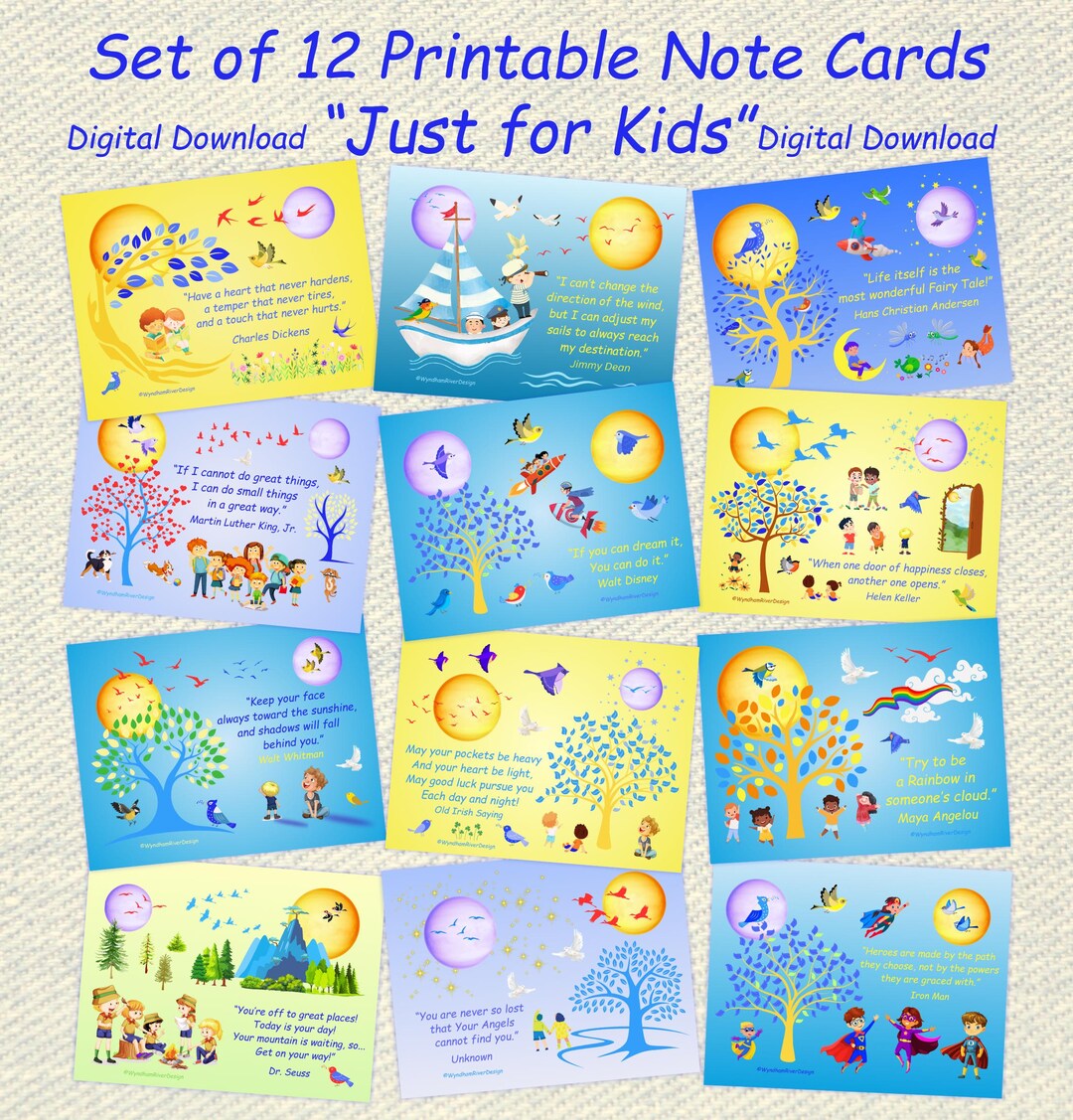 12 Printable "just for Kids" Notecards, Encouragement Cards, Lunchbox ...