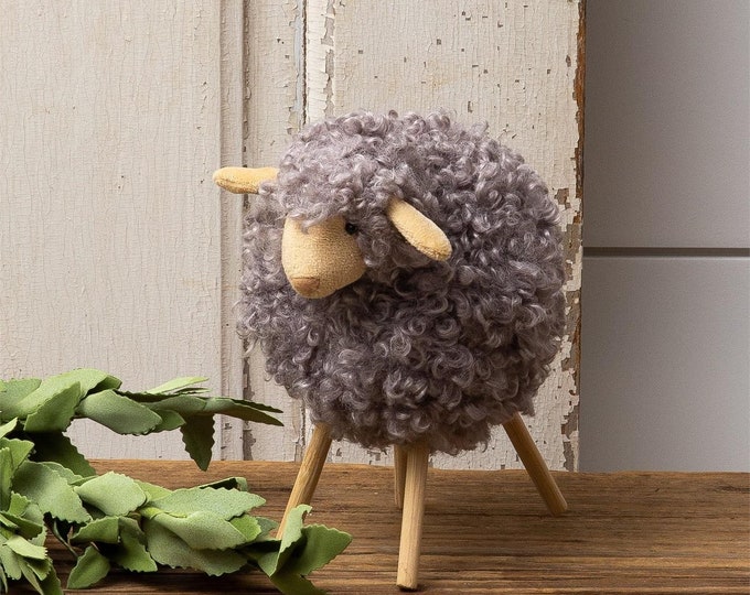 Adorable Woolly Gray Sheep- Wooden Legs, Primitive Farmhouse Decor ...