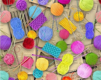 Knitting Notions, Knit One, Purl Two Cotton Fabric by Michael Miller ...