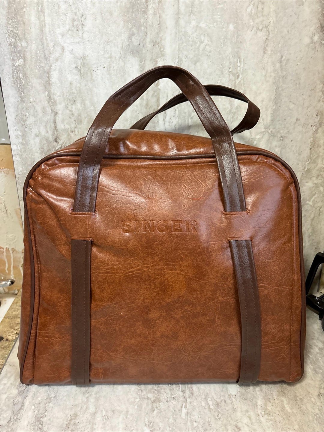 Vintage Singer Sewing Machine Travel Vinyl Carry Case Storage Bag Brown ...
