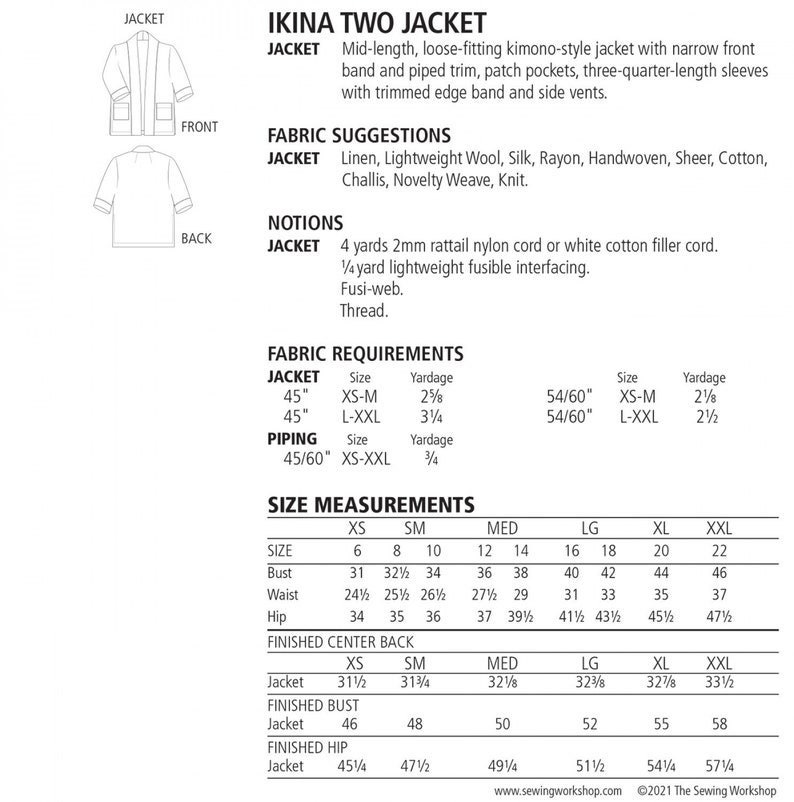 Ikina Two Jacket Sewing Pattern by the Sewing Workshop, Includes Sizes ...