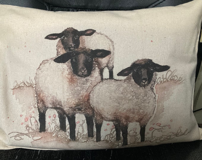 Folk Art Primitive Country Sheep 100% Cotton Throw Pillow Barn Decor ...