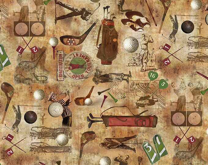 Vintage Golf Themed Fabric- on Coffee Background, Golfers, Balls, Tees ...