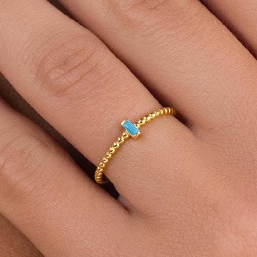14k Gold Baguette Ring, Solid Gold Turquoise Ring , Stackable Wedding ...