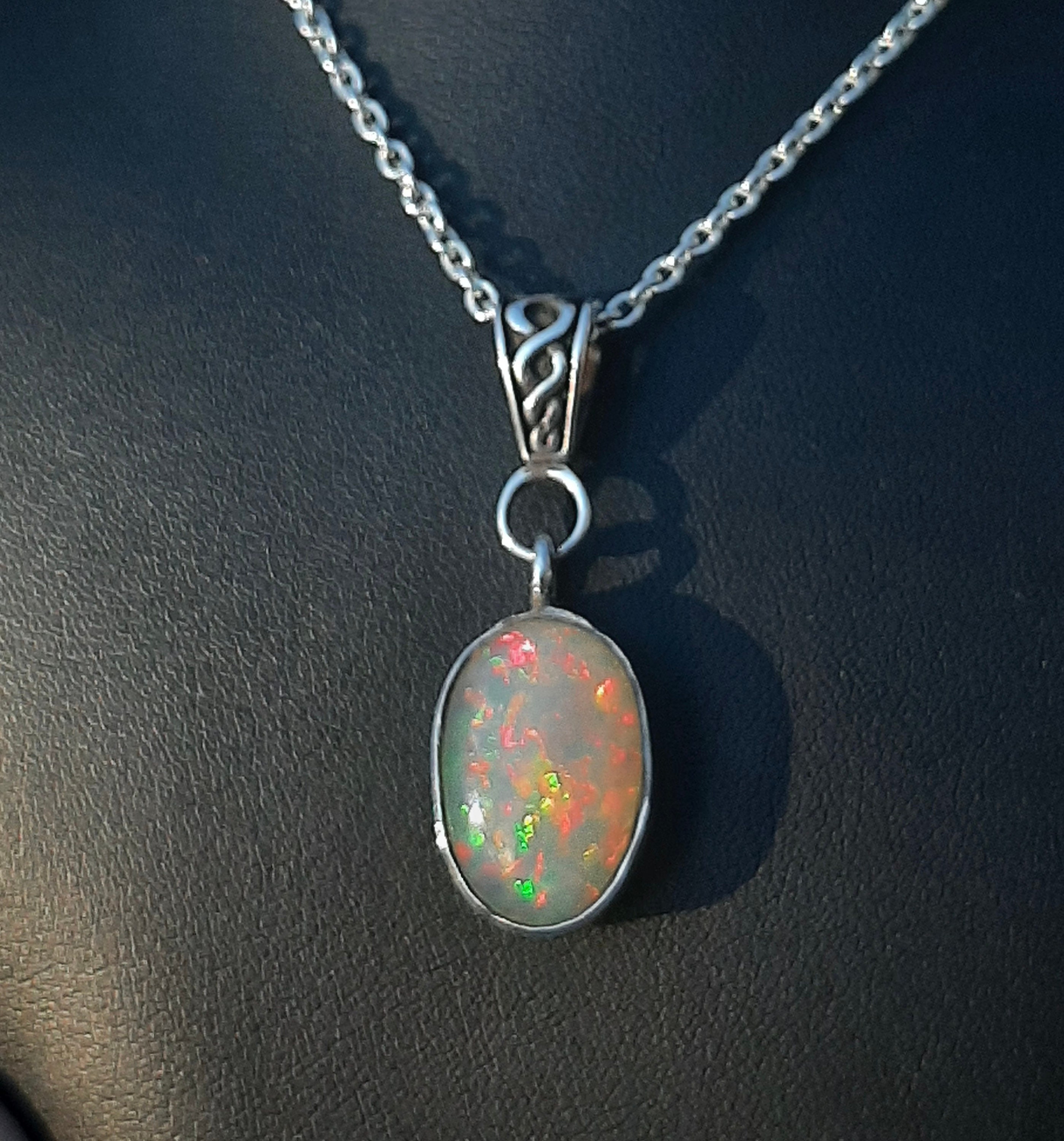 Rainbow Opal Necklace, Large Fire Opal, Opal Sterling Silver Setting ...