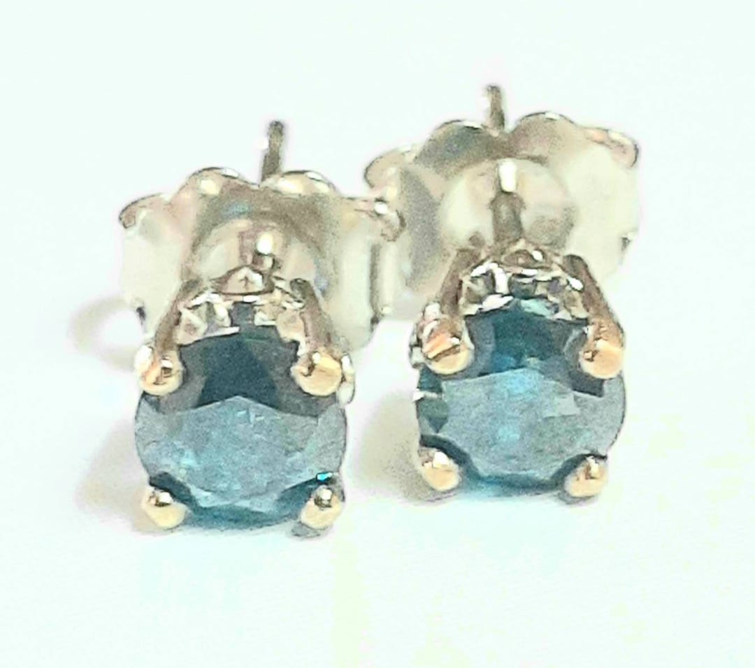 Caribbean Blue Diamond Stud Earrings: 14K White Gold Scroll Setting - Etsy