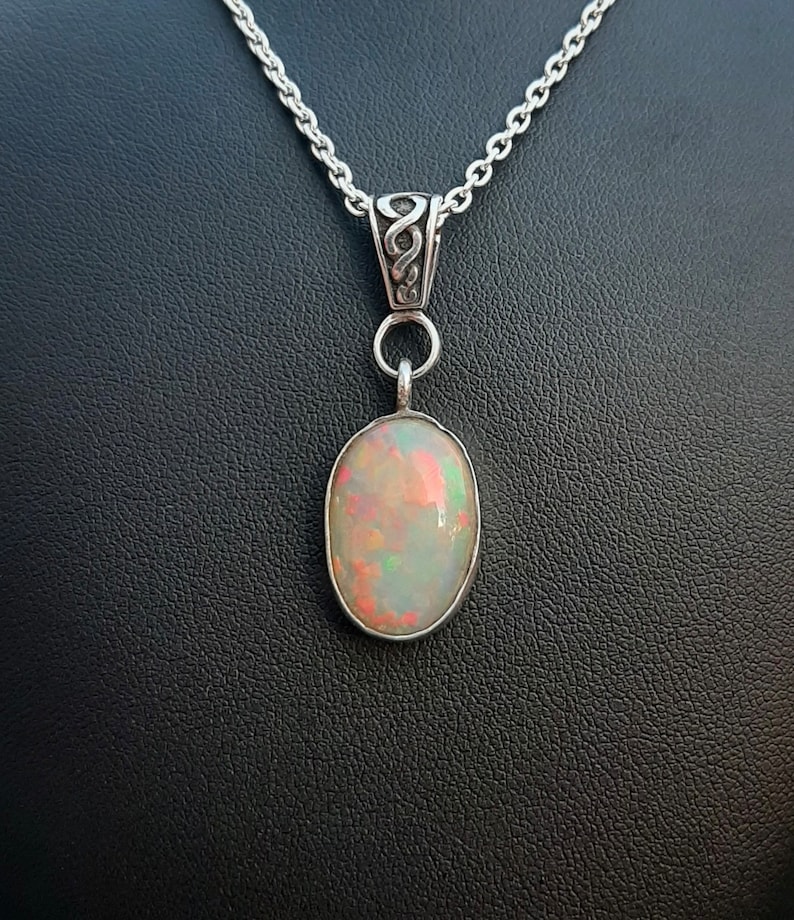 Rainbow Opal Necklace, Large Fire Opal, Opal Sterling Silver Setting ...
