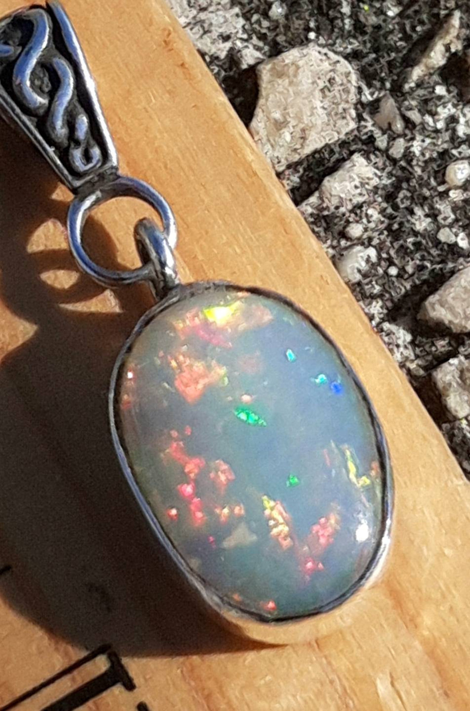 Rainbow Opal Necklace, Large Fire Opal, Opal Sterling Silver Setting ...