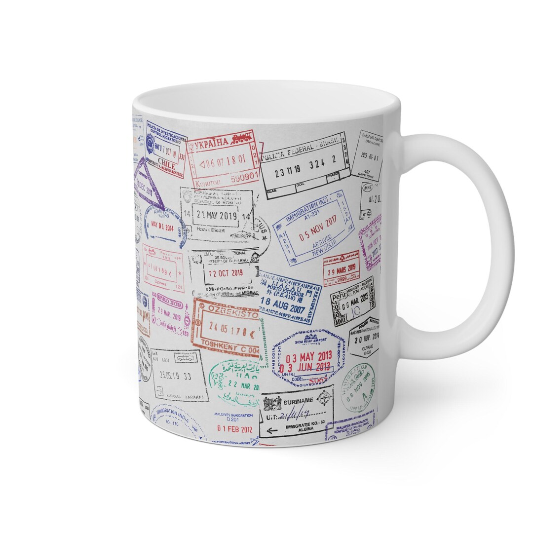 Travel Adventure Passport Stamp Collage Mug - 11oz Ceramic Coffee Cup ...