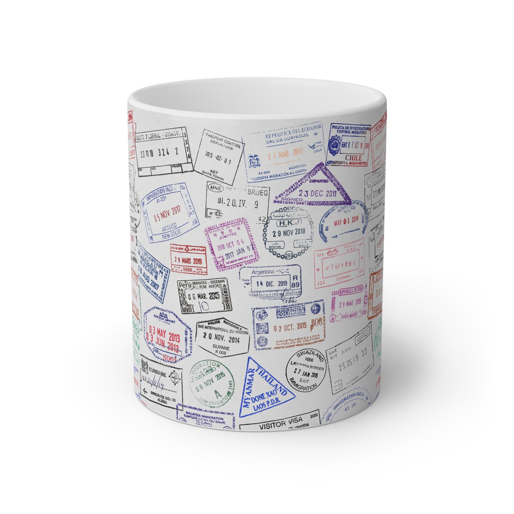 Travel Adventure Passport Stamp Collage Mug - 11oz Ceramic Coffee Cup ...