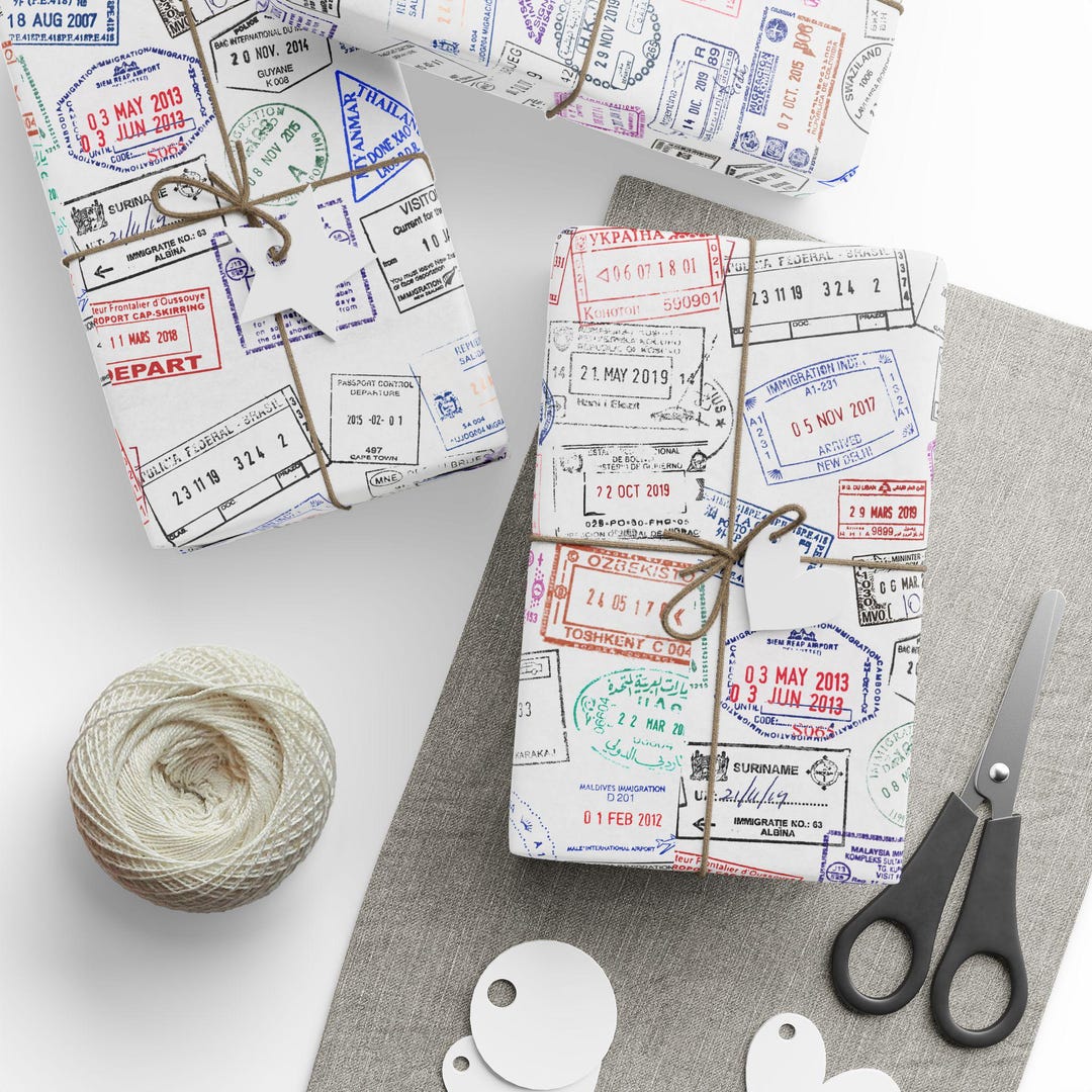 Vintage Passport Stamp Collage Travel-themed Gift Wrap | Global ...
