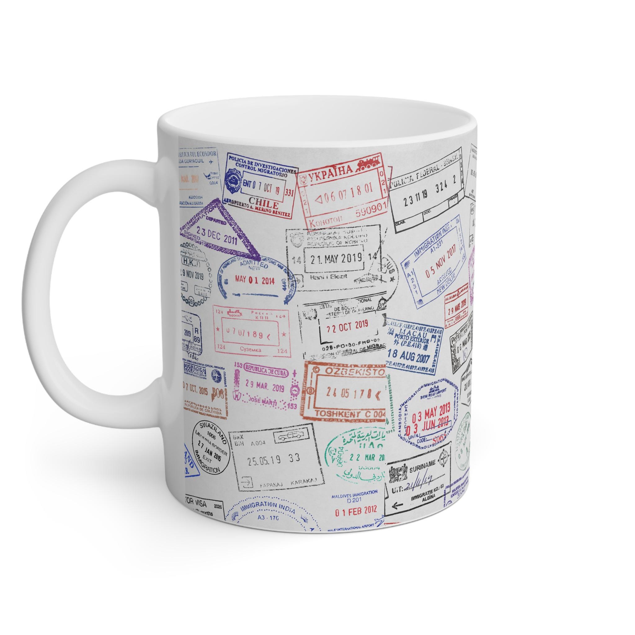 Travel Adventure Passport Stamp Collage Mug - 11oz Ceramic Coffee Cup ...