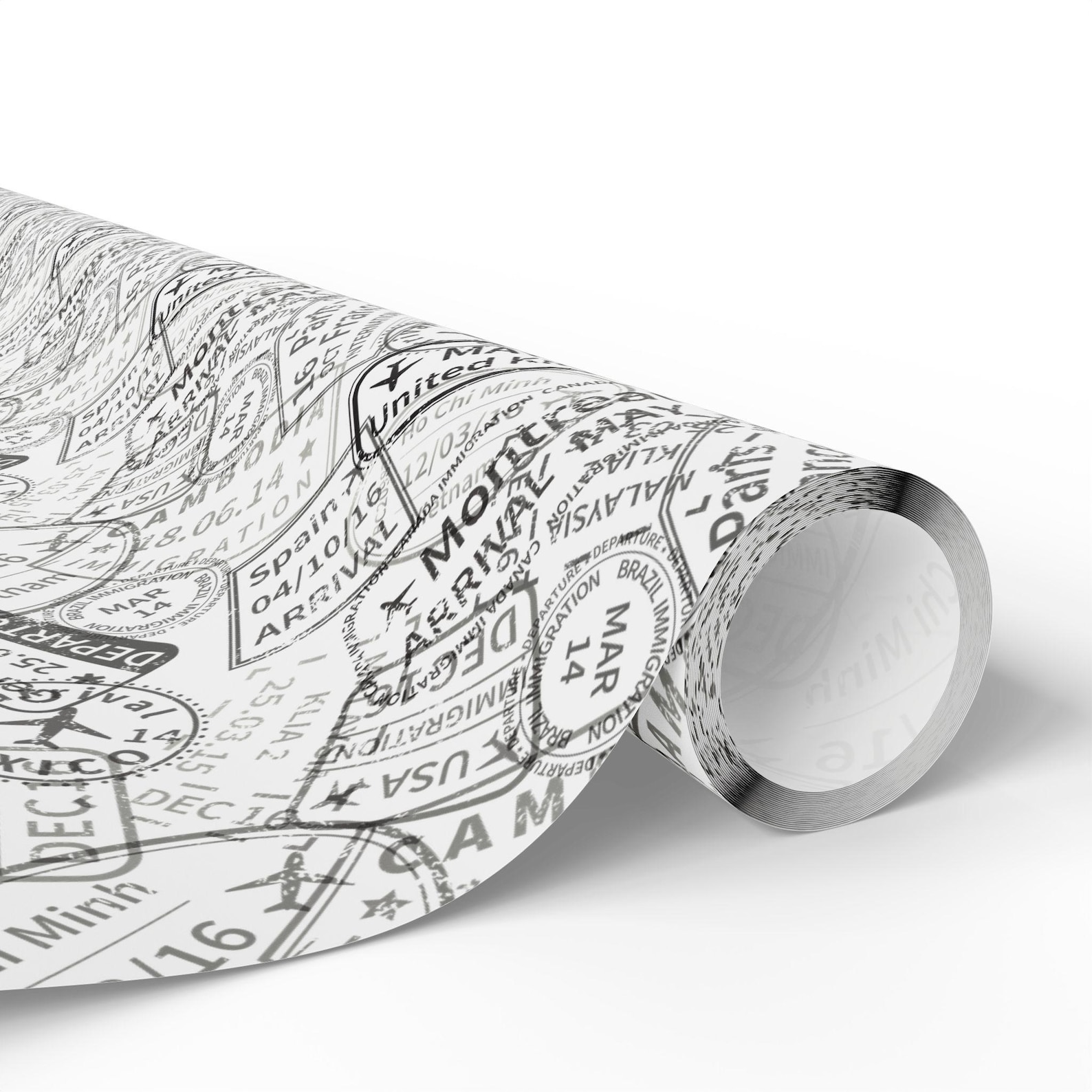 Vintage Passport Stamp Design Gift Wrap - Black Monochrome Travel ...