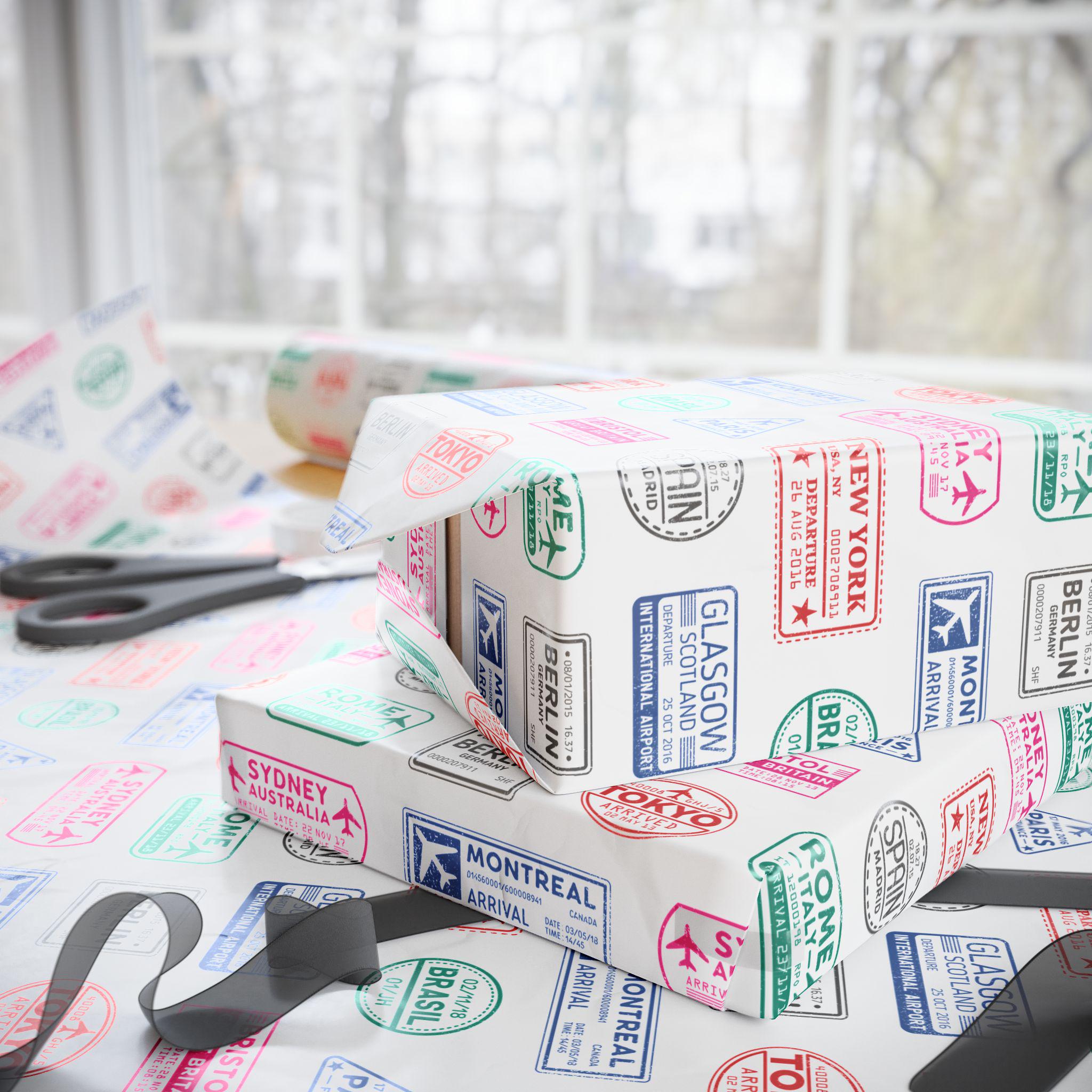 Bold Passport Stamp Gift Wrap - Neon Travel-themed Wrapping Paper With ...