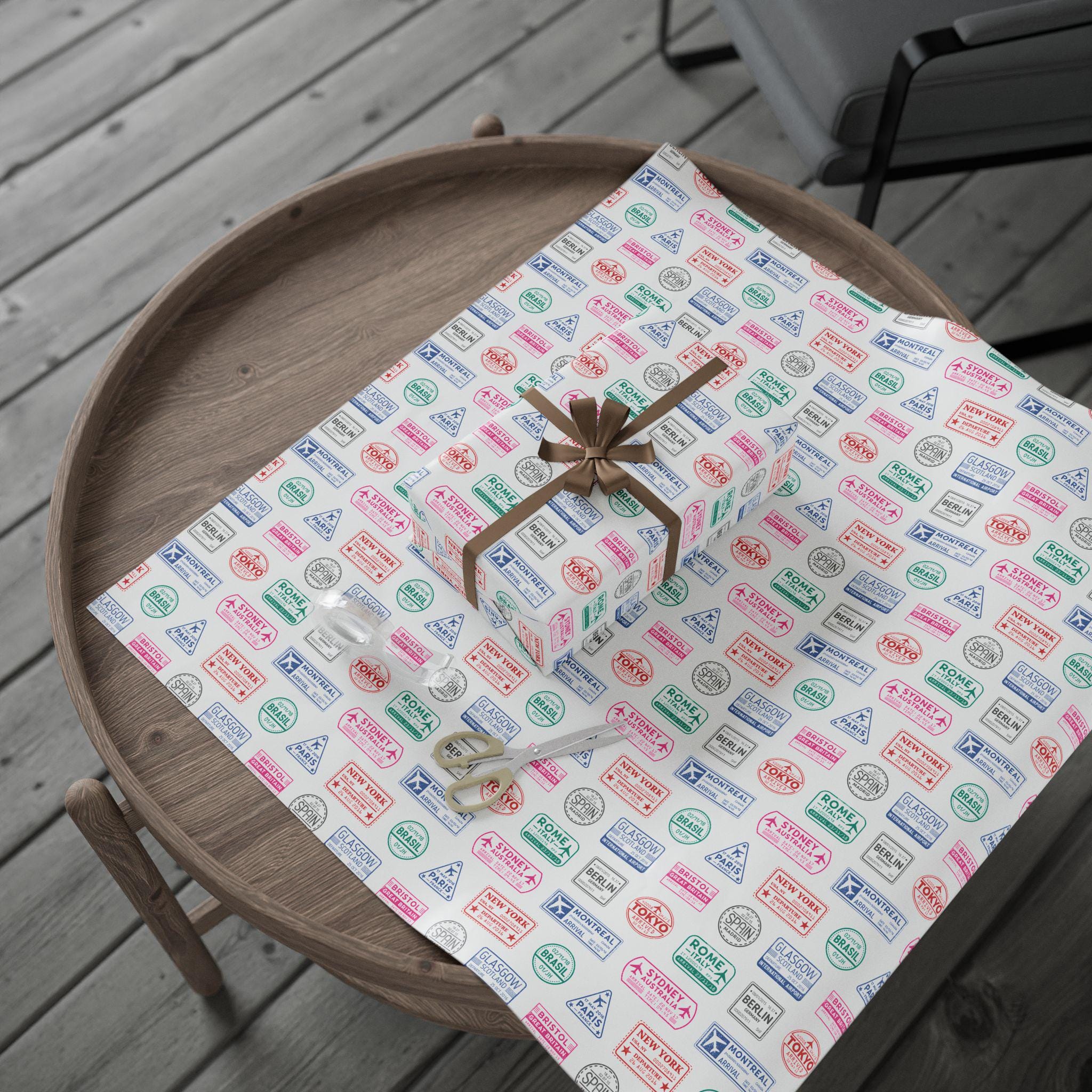 Bold Passport Stamp Gift Wrap - Neon Travel-themed Wrapping Paper With ...