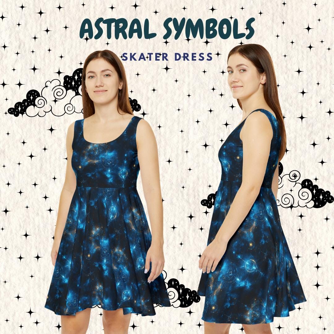 Astral Symbols Skater Dress, A Cosmic Statement Piece, Galaxy Print ...