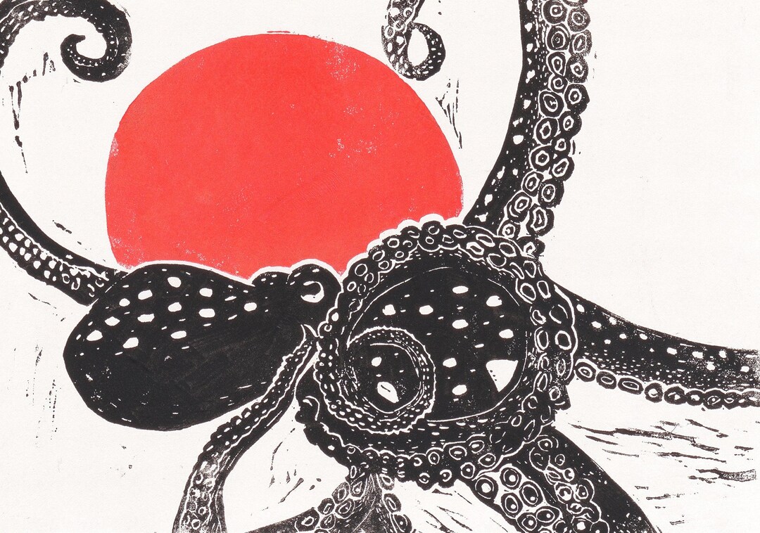 Octopus Lino Print Red and Black Relief Print on Rice Paper - Etsy