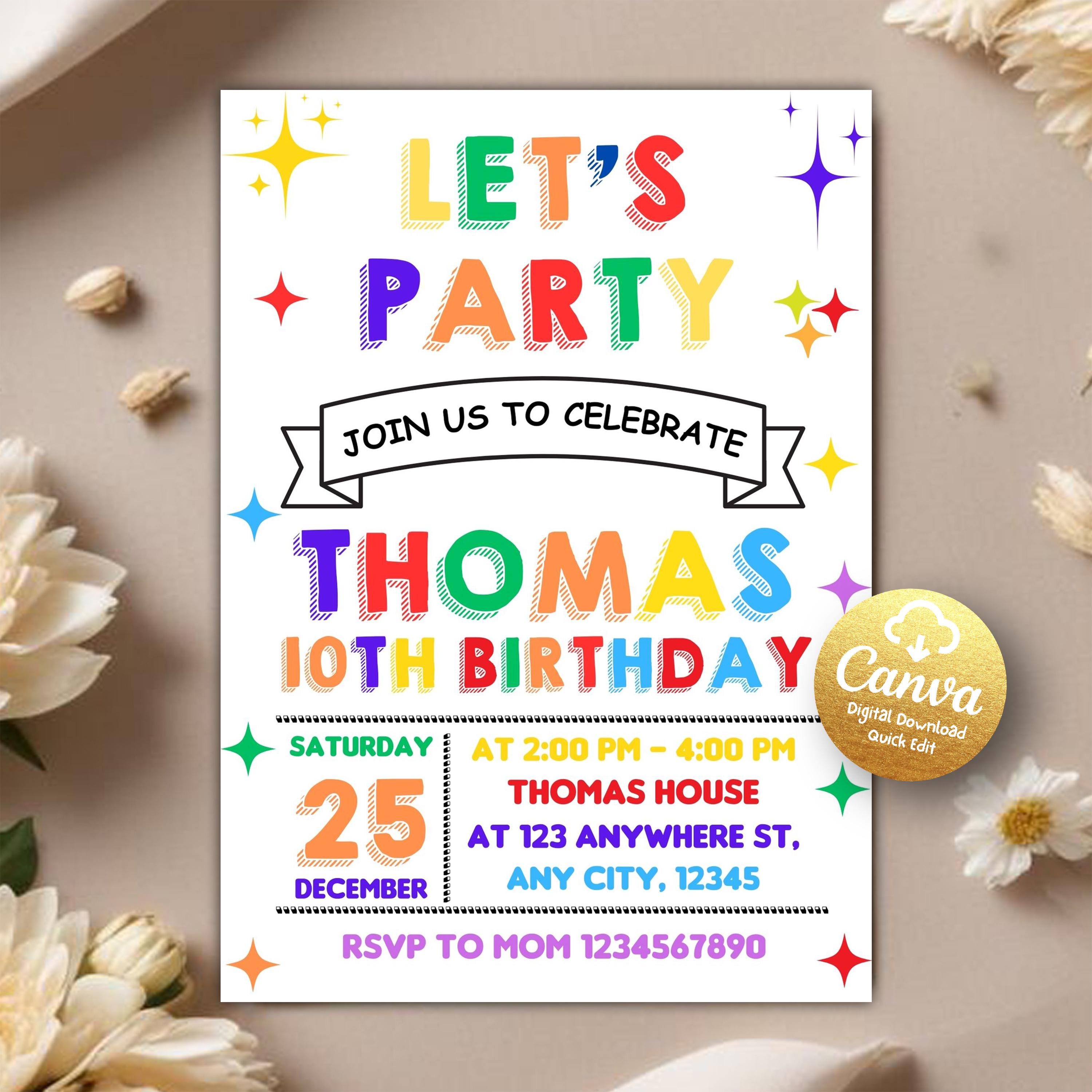 Simple Colorful Birthday Invite, Let's Party Invitation, Bright and ...
