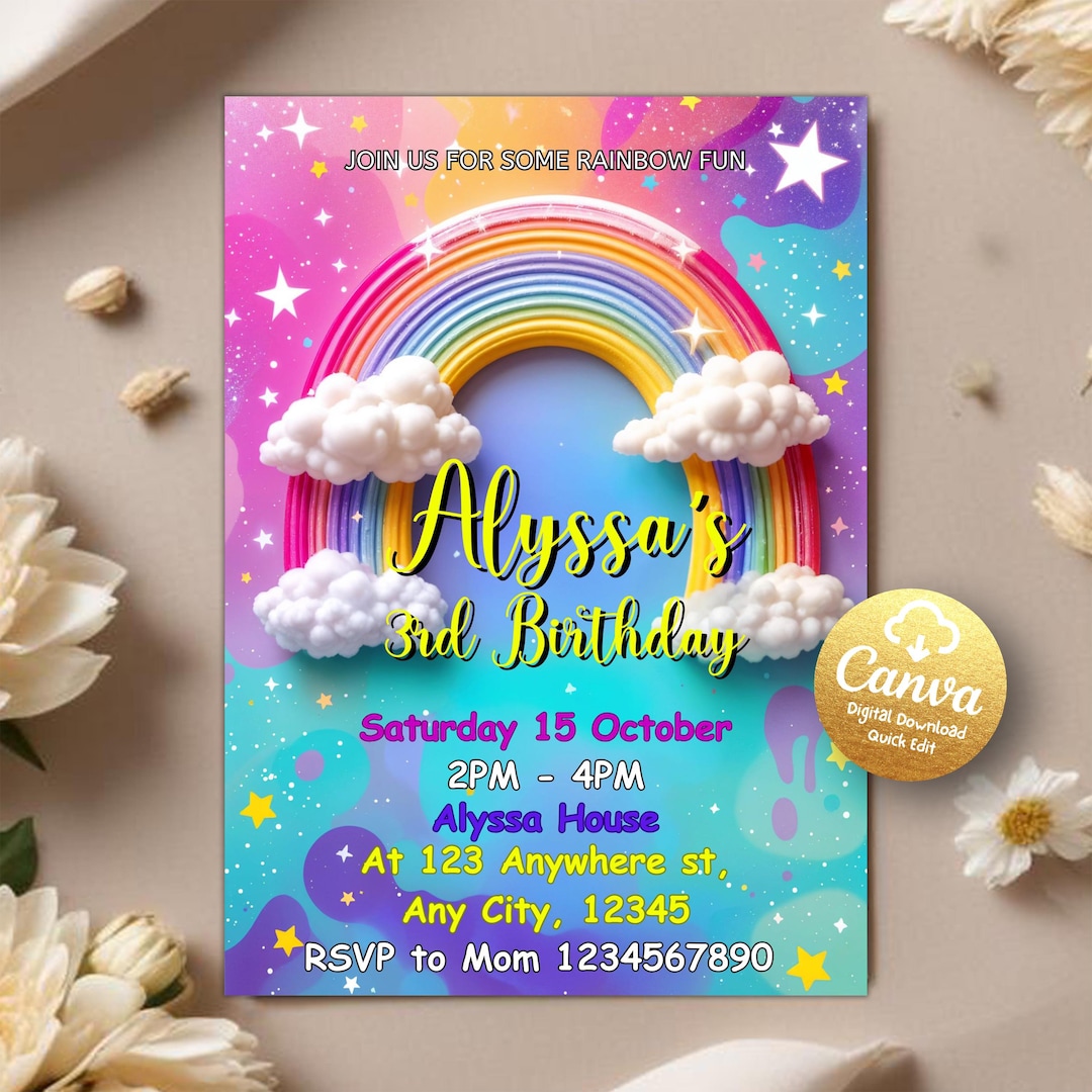 Editable Rainbow Birthday Invitation, Girls Rainbow Party, Rainbow ...