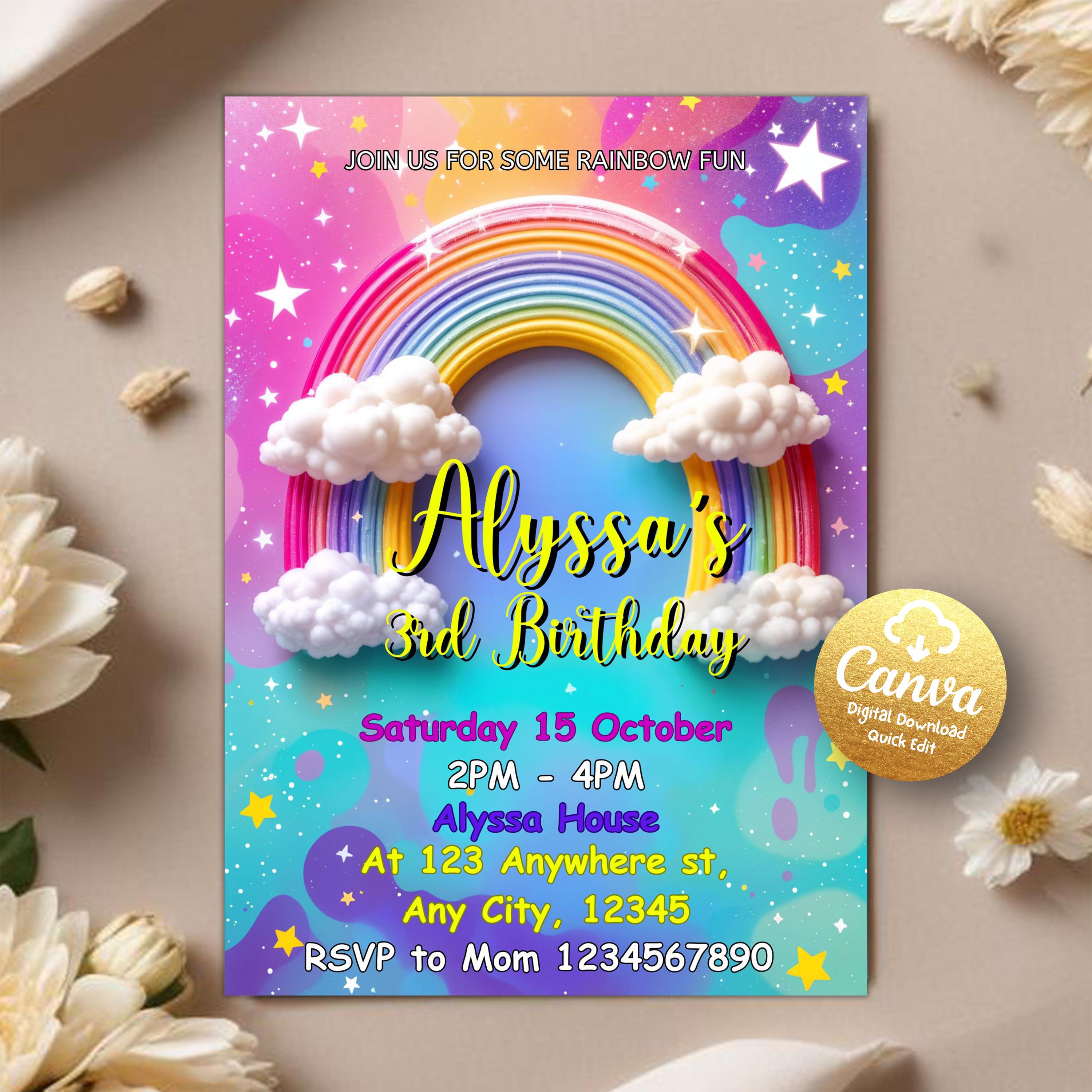 Editable Rainbow Birthday Invitation, Girls Rainbow Party, Rainbow ...