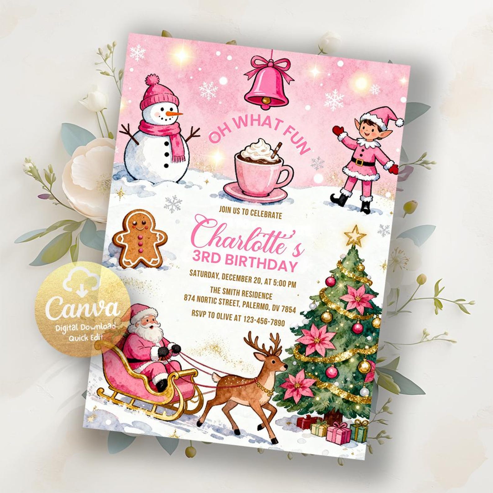 Oh What Fun Christmas Party Invitation, Kids Birthday Pink Christmas ...