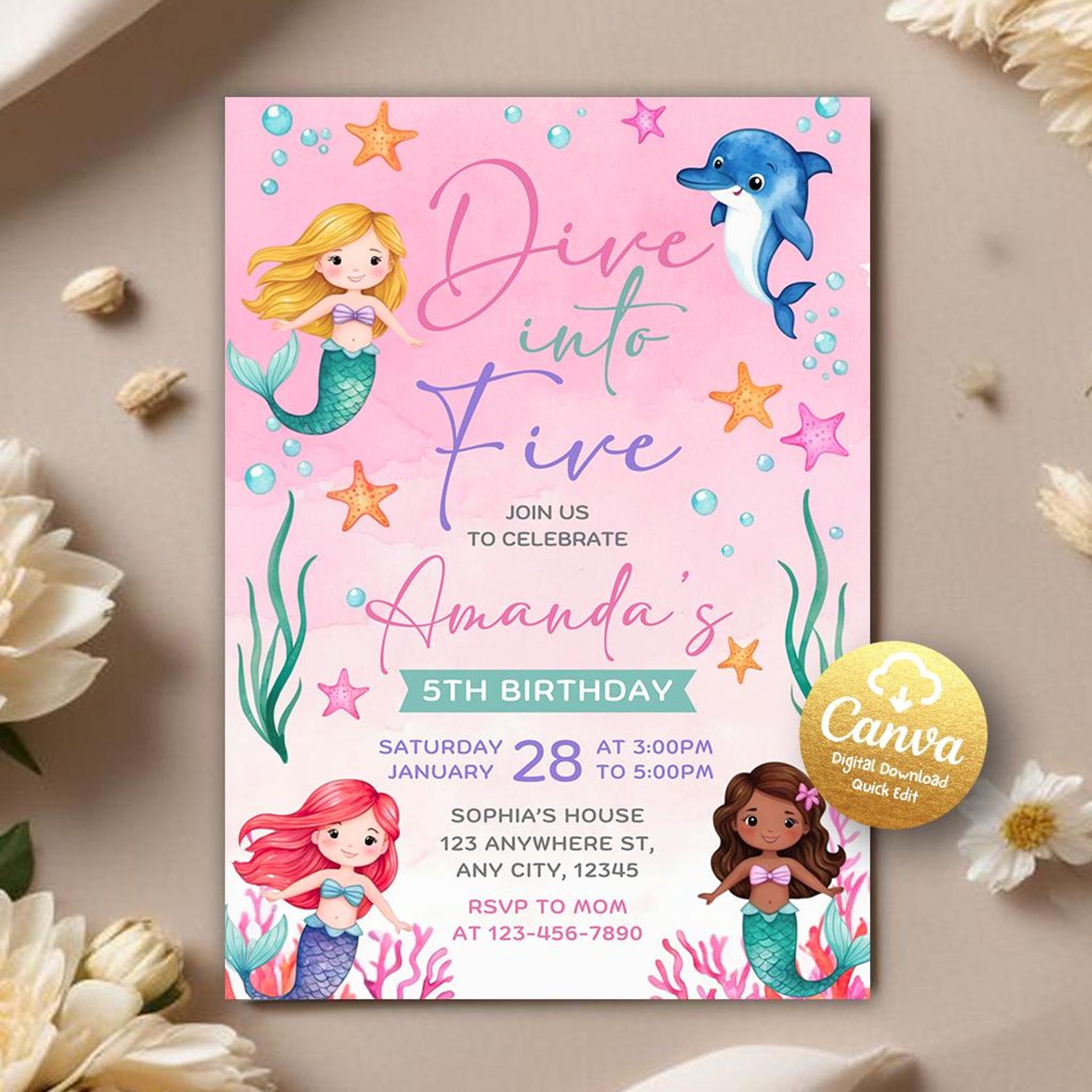 Dive Into Five Mermaid Invitation, Pink Girl 5th Birthday Invitation ...