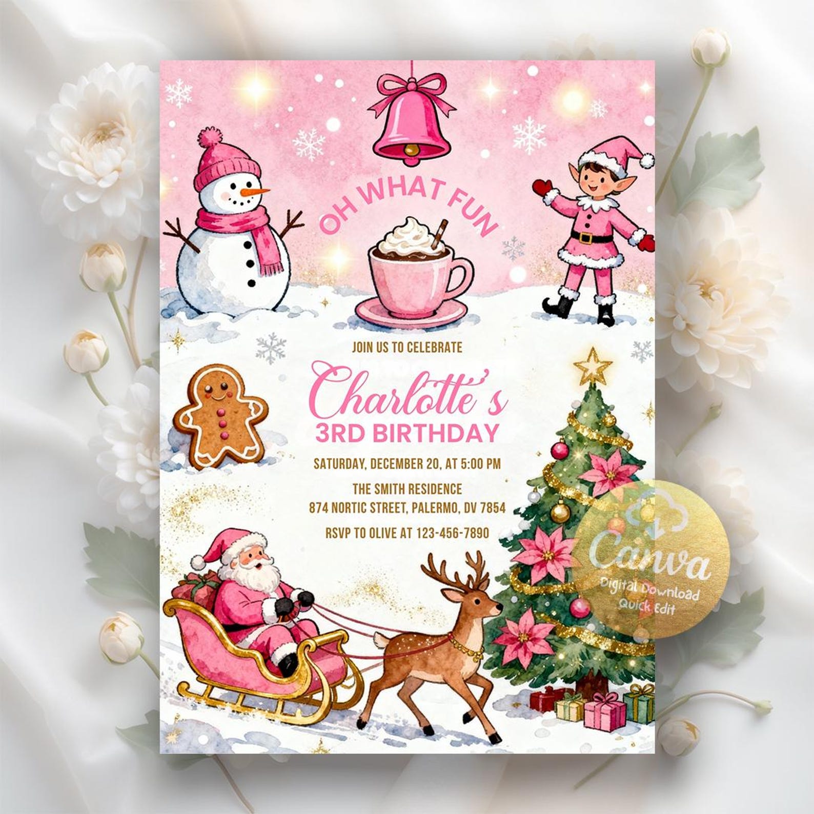 Oh What Fun Christmas Party Invitation, Kids Birthday Pink Christmas ...